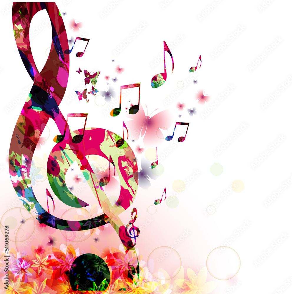 Colorful musical poster with musical notes and G-clef isolated vector ...