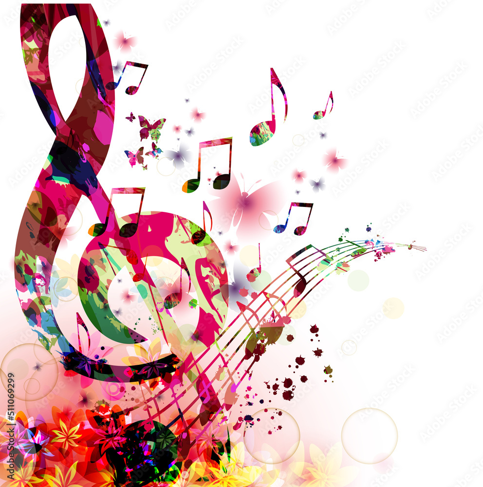 Colorful musical poster with musical notes staff and G-clef isolated ...