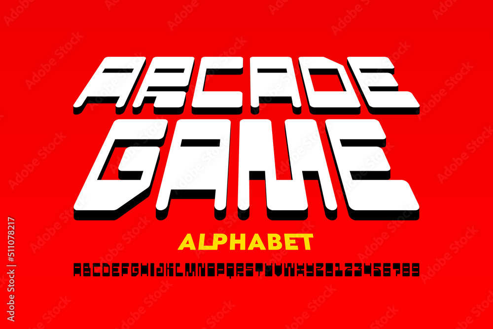 Arcade game retro style font design, alphabet letters and numbers ...
