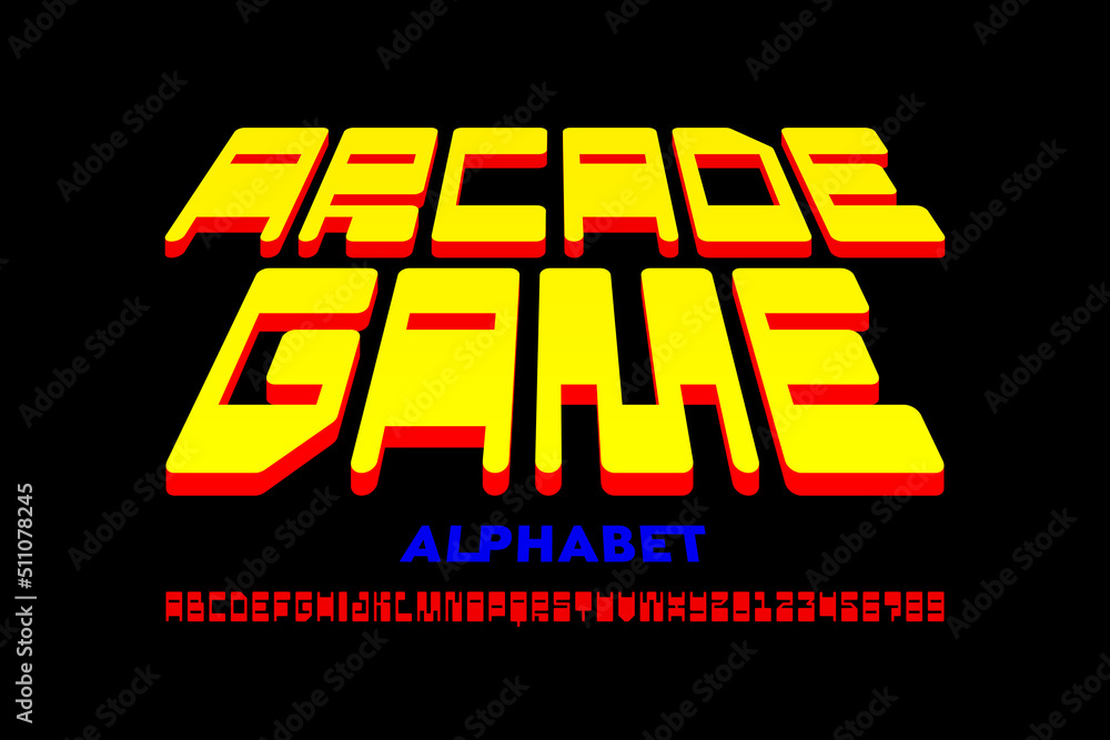 Arcade game retro style font design, alphabet letters and numbers ...