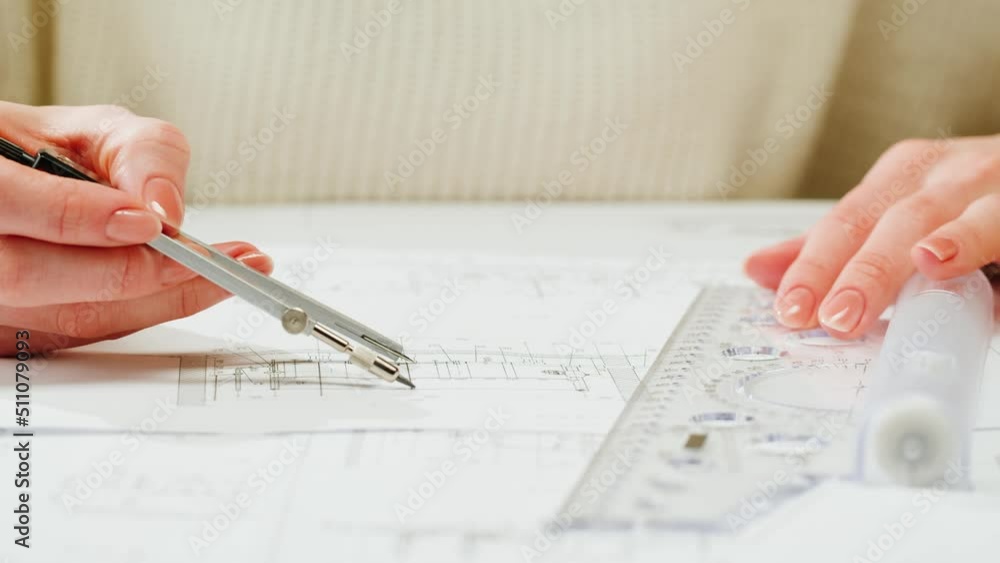 Architect designer using compass to draw plan blueprint close-up ...