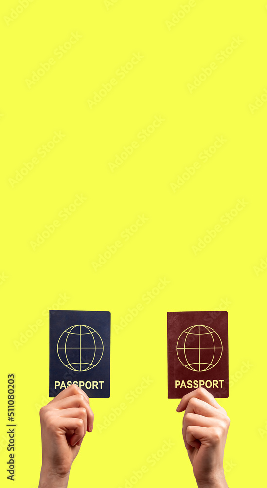 Banner with hands showing two passports. Immigration, multiple, dual ...