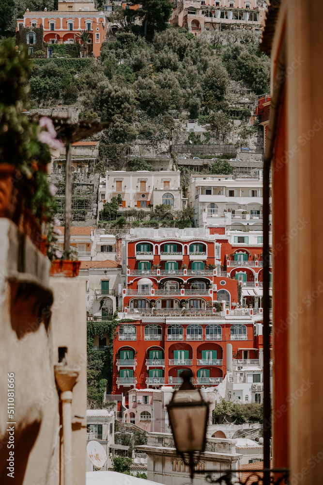 Panoramic views of Positano in the Amalfi Coast in Italy. The view of ...