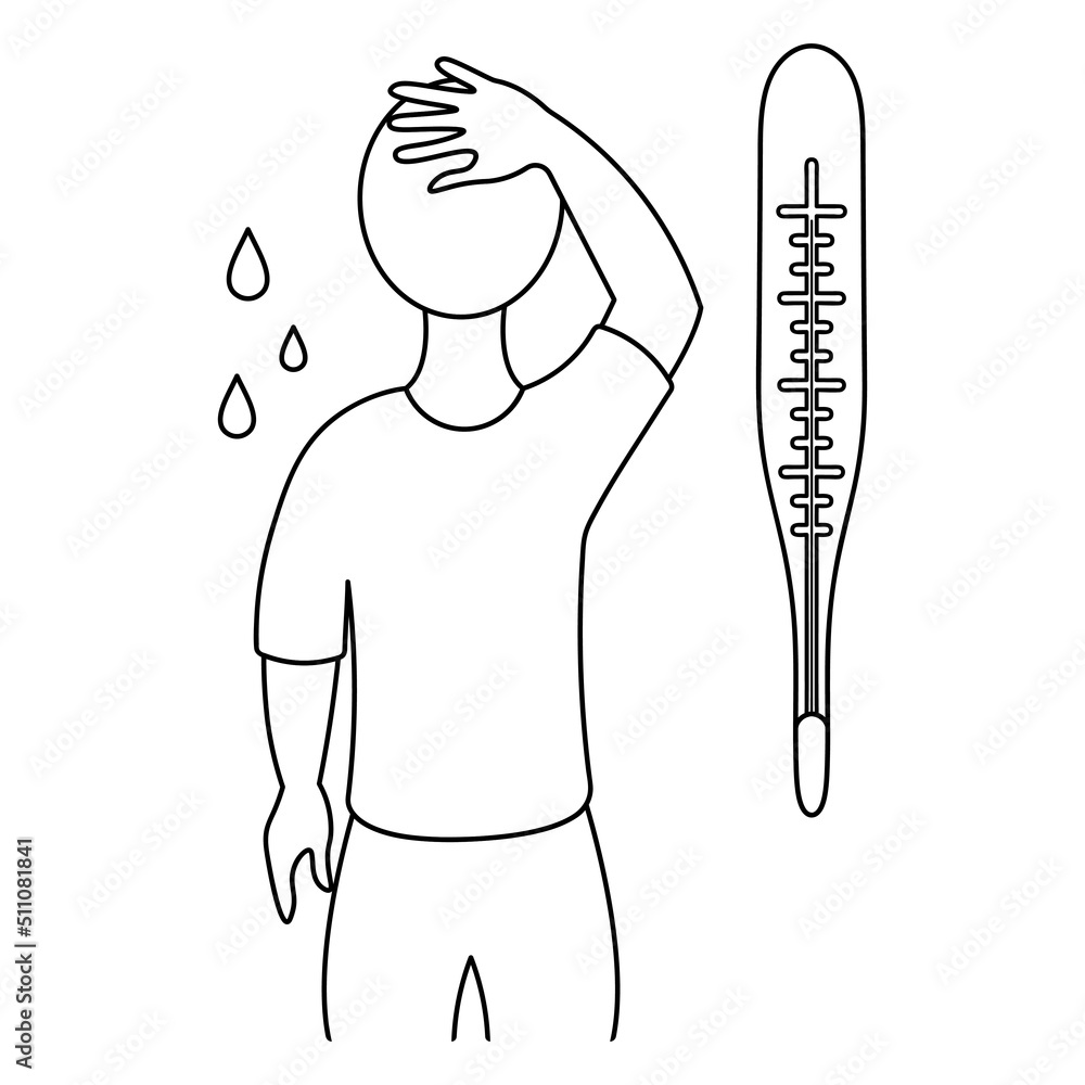 Fever. Sketch. Vector illustration. The patient checks the temperature ...