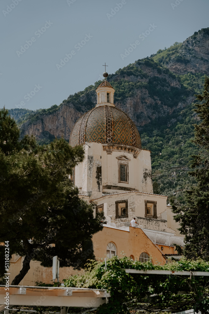 Panoramic views of Positano in the Amalfi Coast in Italy. The view of ...