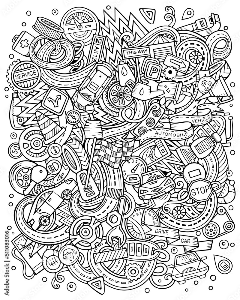 Cartoon raster doodles funny sketchy Automotive illustration Stock ...