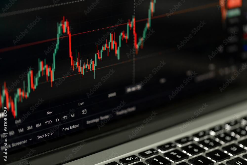 Trading chart displayed on the screen of the laptop. Stock market ...