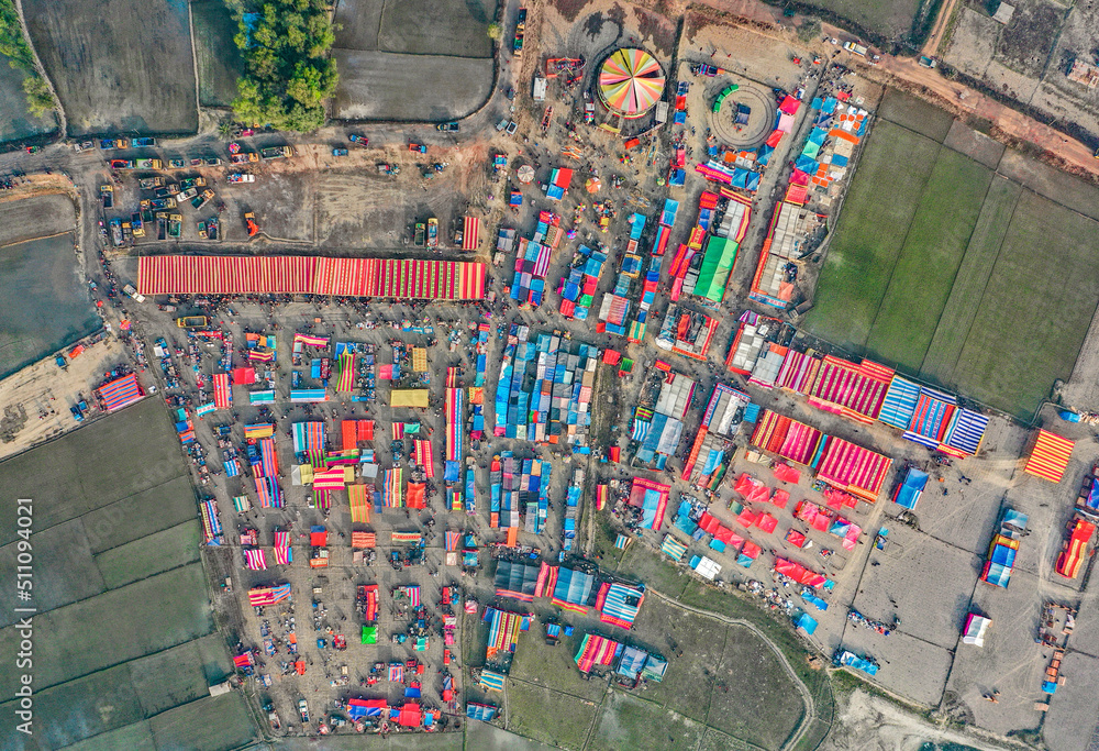 Aerial view of traditional village fair in Bangladesh. Colorful tents ...