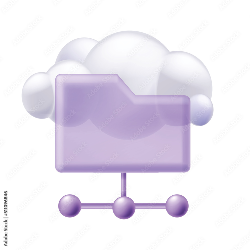 3D cloud storage folder icon, computer data download backup service, vector digital document ...