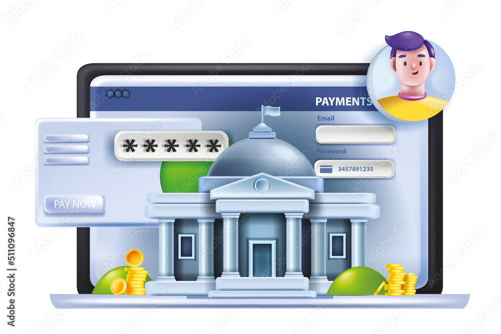 3D online banking vector concept, digital finance payment, internet ...