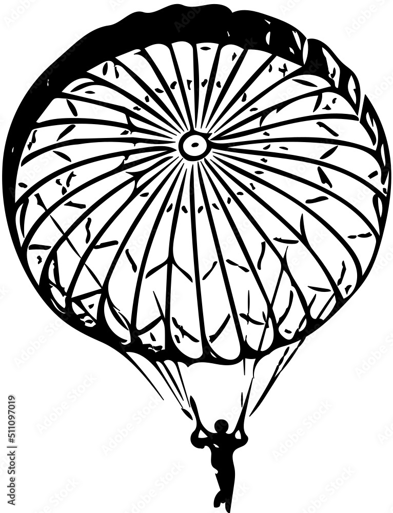 The paratrooper on the parachute, simple, black and white vector Stock ...