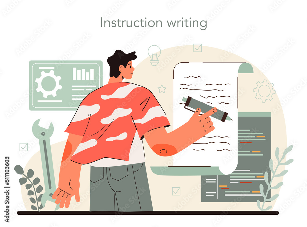Technical writer concept. User manual tutorial writing. Guidebook Stock ...