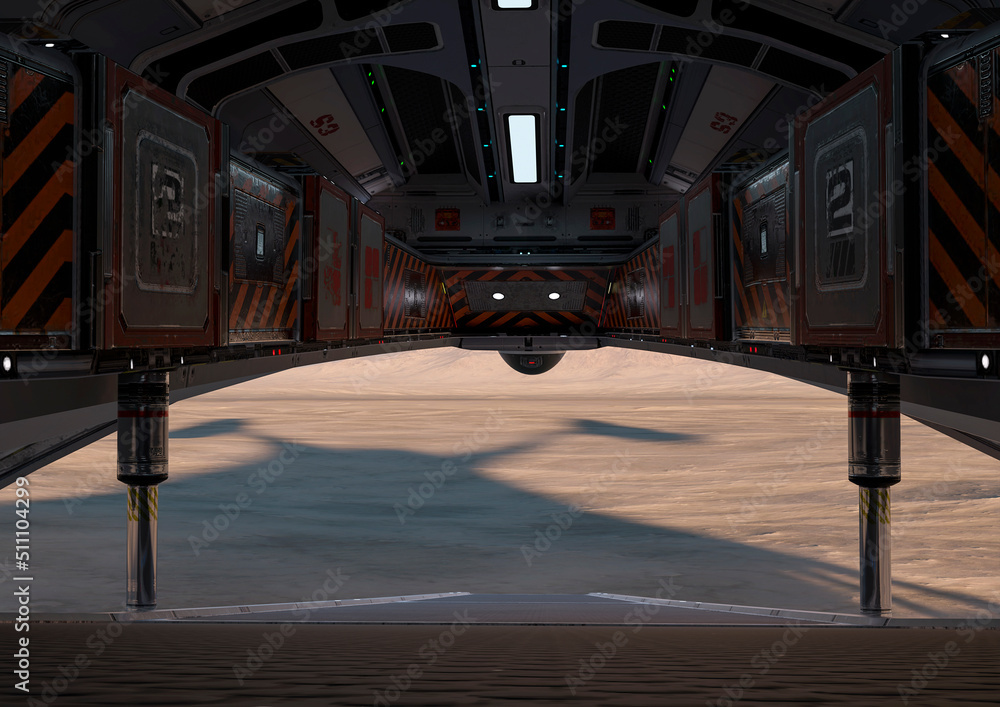 inside view from the ramp of the spaceship is landed in desert sunset ...
