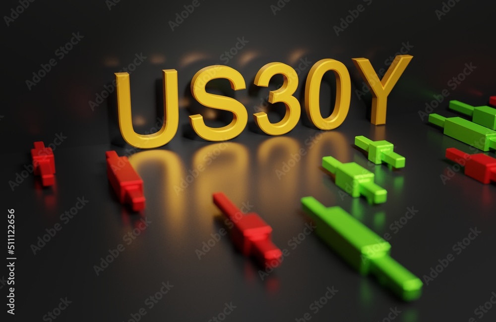 The yield sign of 30-year US bonds, us10y, on a dark background with a ...