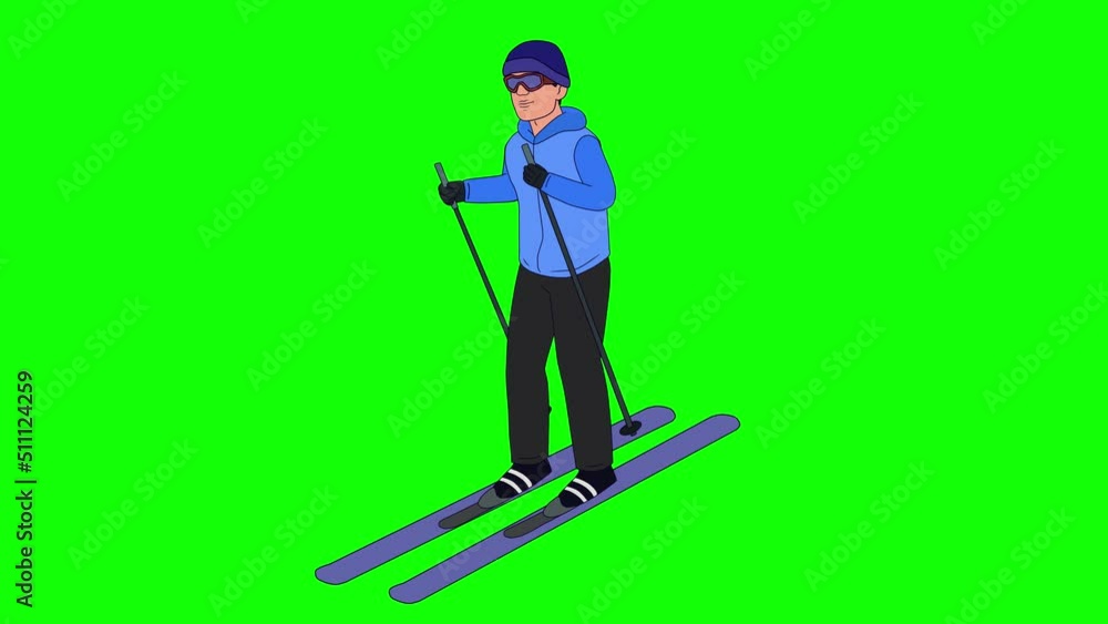 Skiing animation. Man on green screen background. 2d loop animation ...