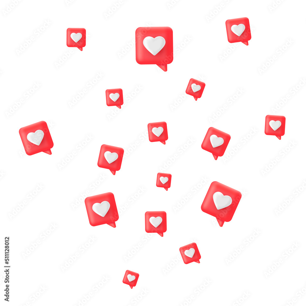 Like 3d icon set. Social media render bubble with heart. Love element ...