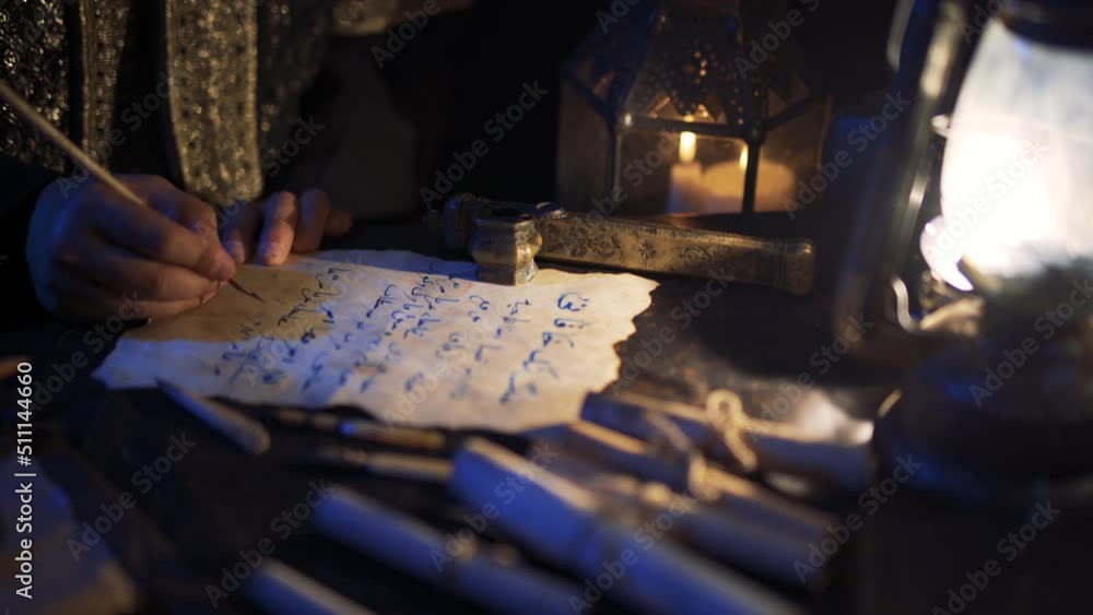old post. The scene of writing letters in the Middle Ages. Man in ...
