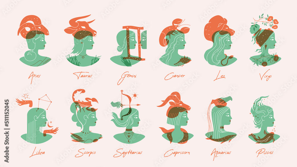 Set of zodiac signs with women. Vector illustration with overlay ...
