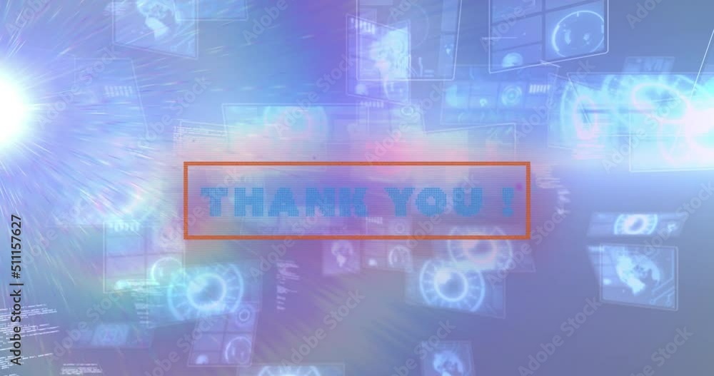Animation of thank you text over scope scanning and data processing ...