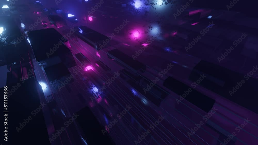Fly through technology cyberspace with neon glow. Sci-fi flight through ...