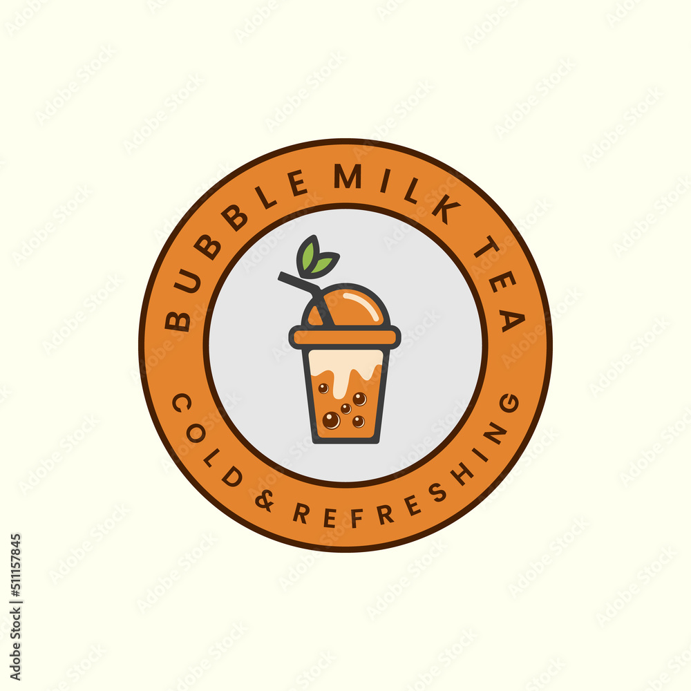 bubble tea with flat color and emblem style logo icon template design ...