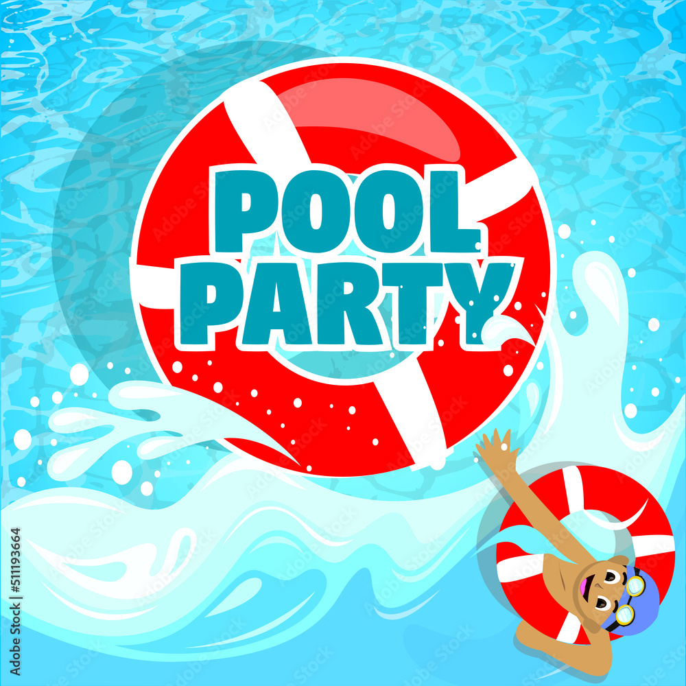 Pool Party Flyer Design with Boy in Pool Float with water splash Stock ...