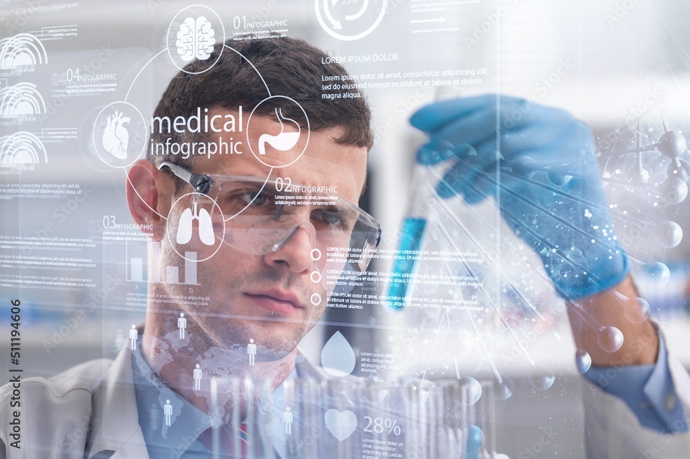 Scientist with tube pcr and virtual screen with data scientific at ...