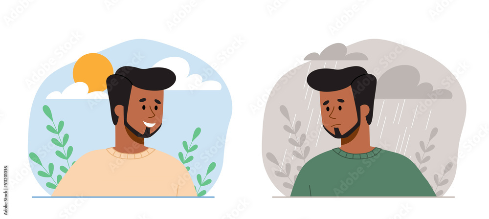 Sad and happy mood. Young guy in sun or in rainy weather. Metaphor for ...