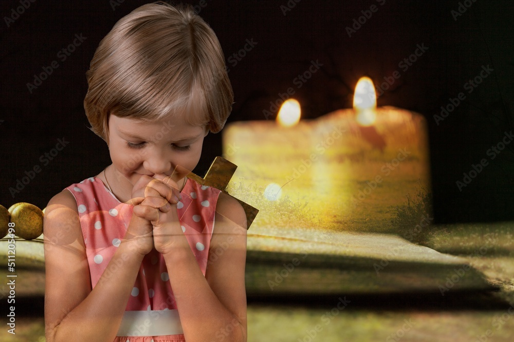 Multiple exposure of person praying on bible in background ...