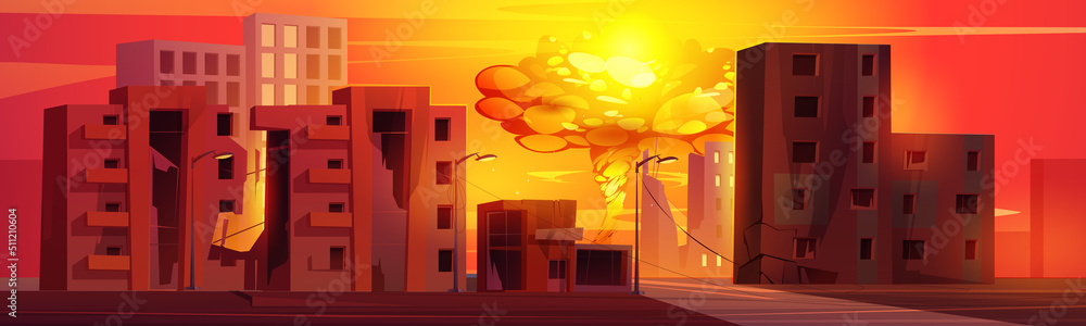 Atomic bomb explosion in destroyed city with broken buildings. Vector ...