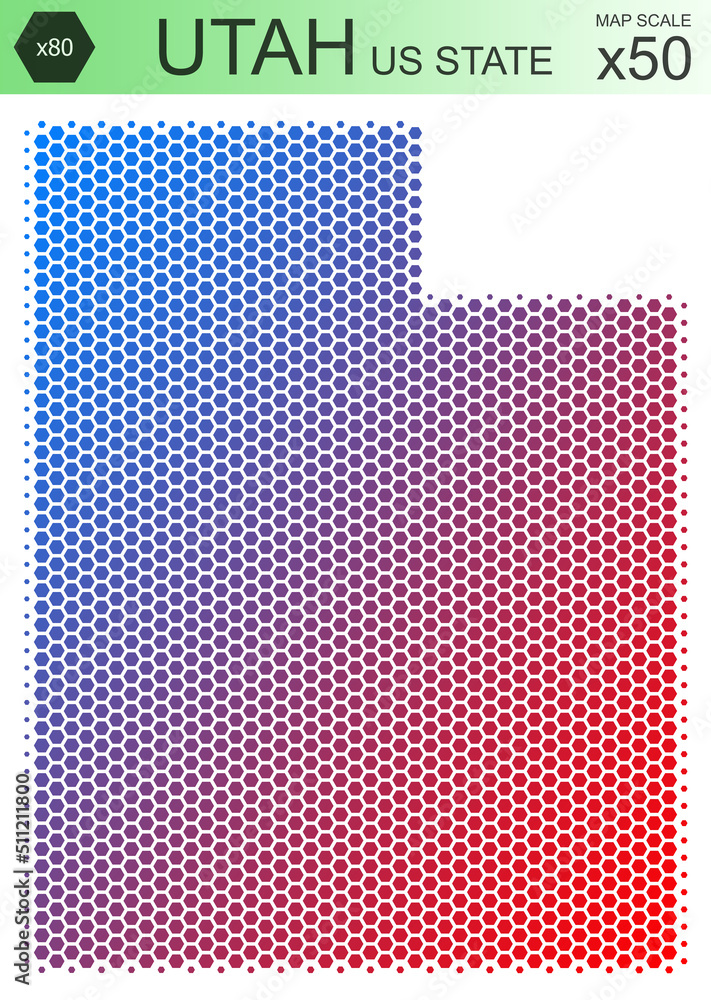 Dotted map of the state of Utah in the USA, from hexagons, on a scale ...