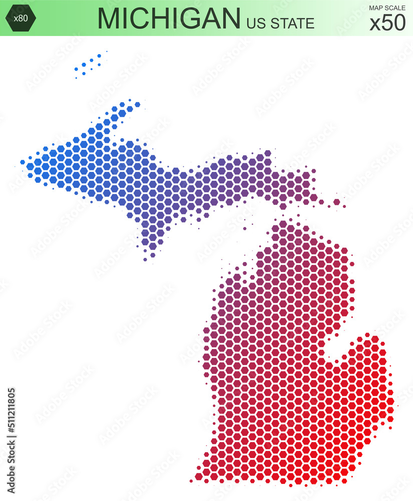 Dotted map of the state of Michigan in the USA, from hexagons, on a ...