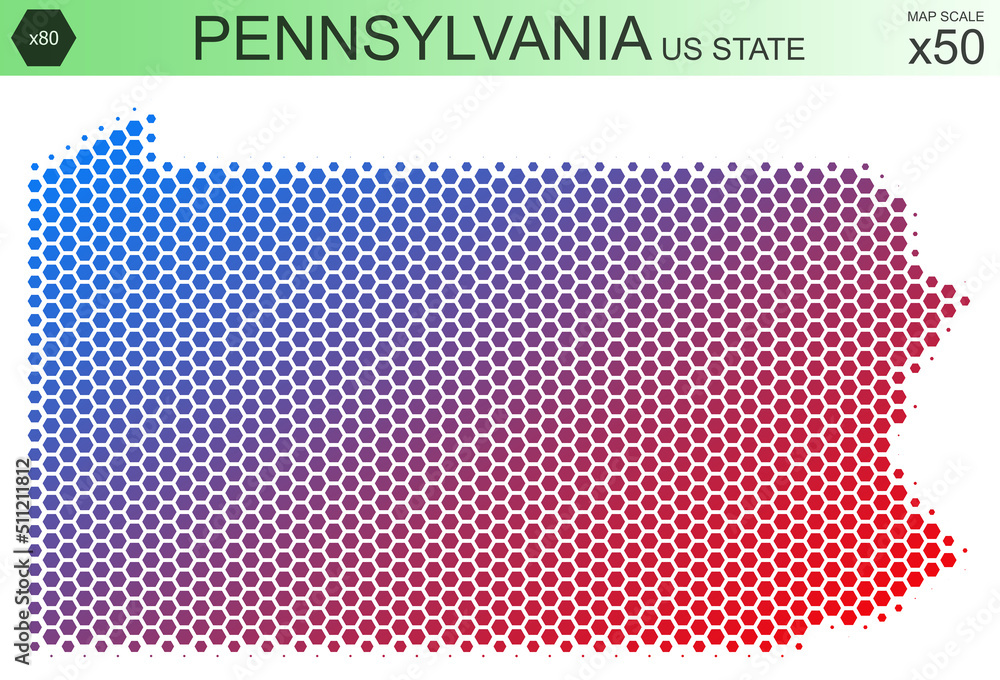 Dotted map of the state of Pennsylvania in the USA, from hexagons, on a ...