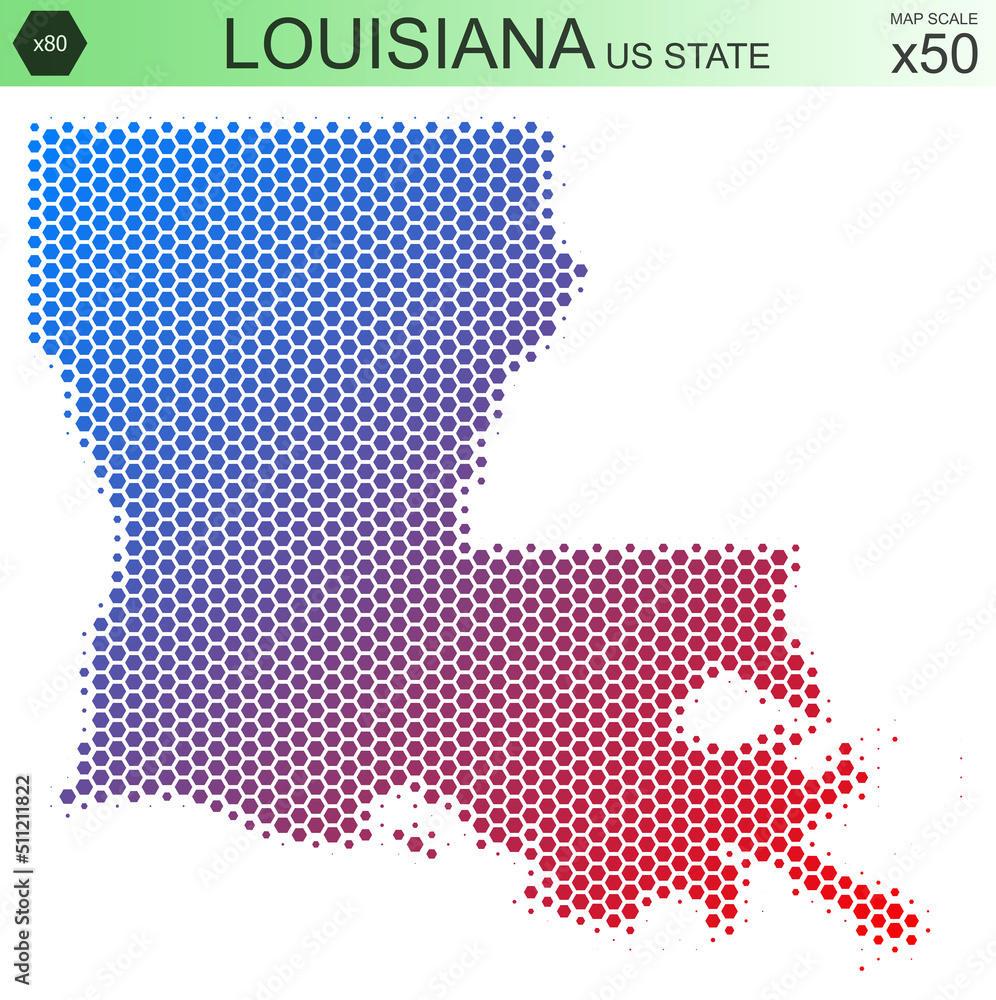 Dotted map of the state of Louisiana in the USA, from hexagons, on a ...