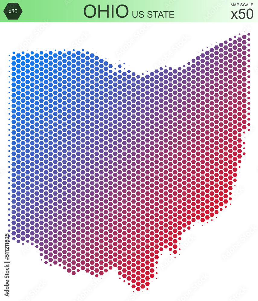 Dotted map of the state of Ohio in the USA, from hexagons, on a scale ...