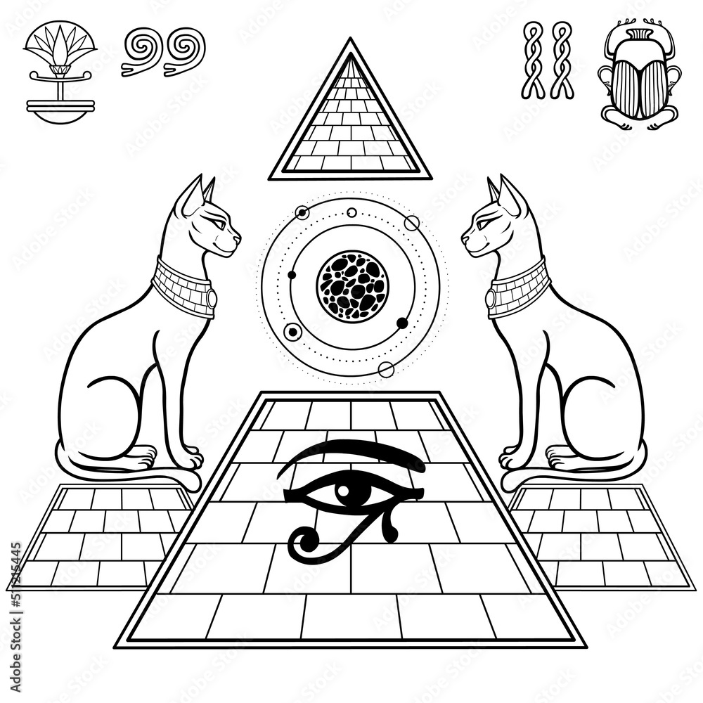 Mystical linear drawing: Sacred cats goddess Bastet guard the pyramid ...