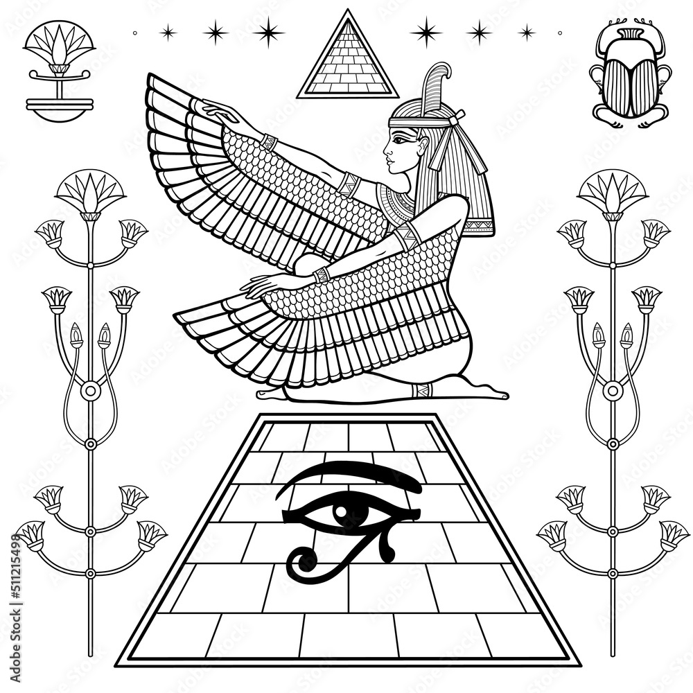 Mystical linear drawing: winged goddess Isis at top of the Egyptian ...