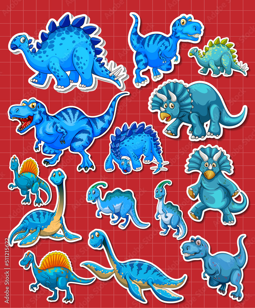 Sticker set of different dinosaur cartoon characters Stock Vector ...