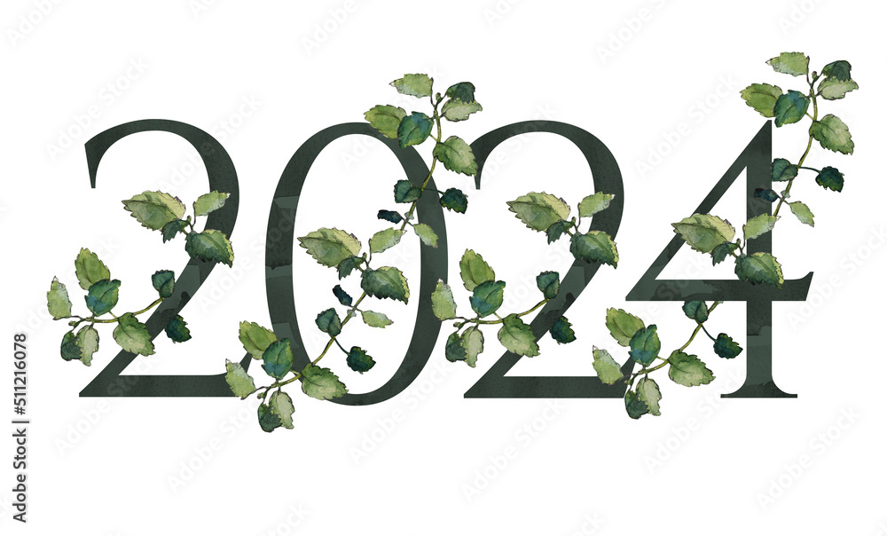 Year 2024 watercolor floral monogram with melissa twigs, isolated on ...