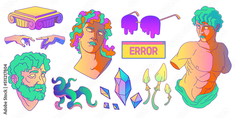 Psychedelic stickers with antique greek sculpture, mushrooms and ...