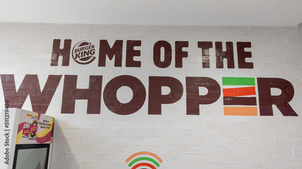 Burger King whopper logo sign and brand text on wall facade restaurant ...