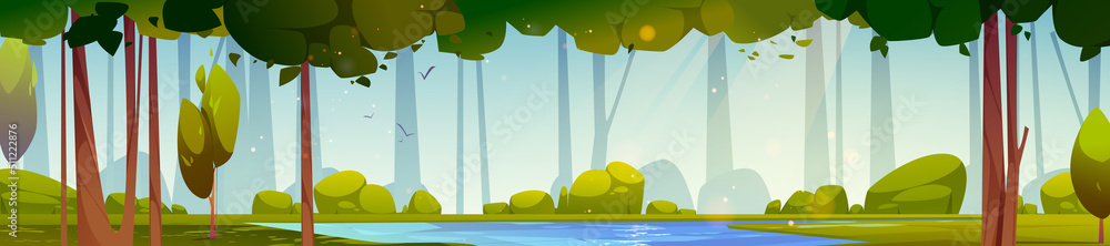 Cartoon forest panoramic background with clear lake under green trees ...