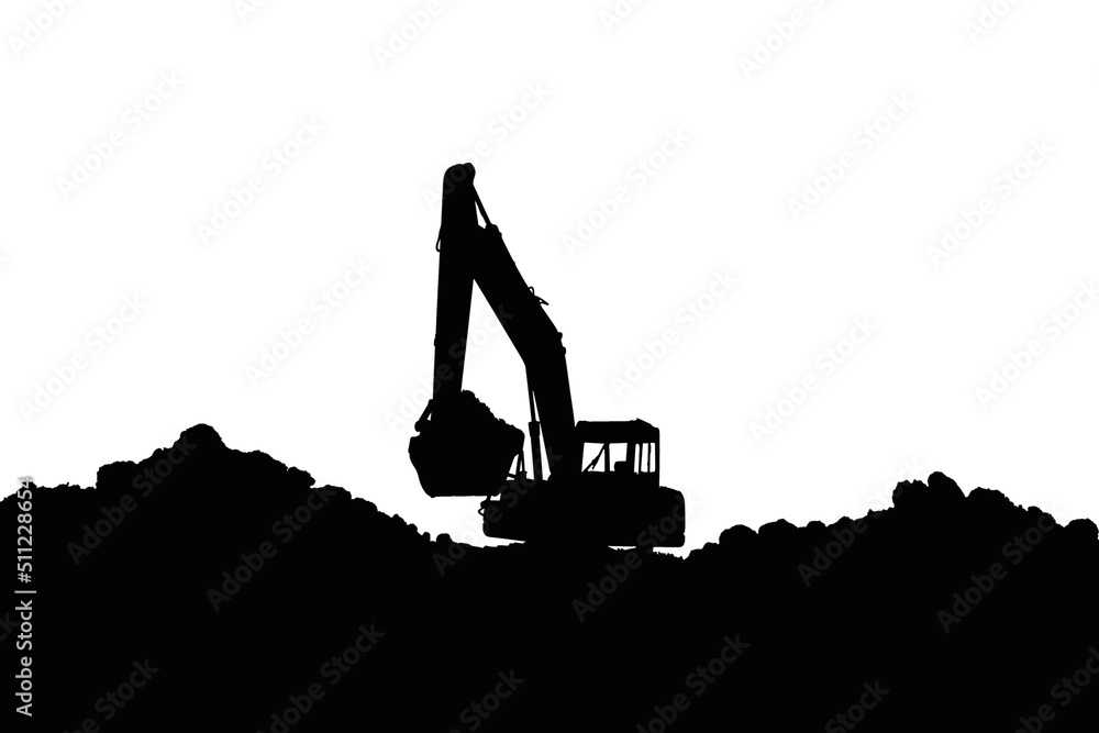 Excavators silhouette are digging the soil in the construction site on ...