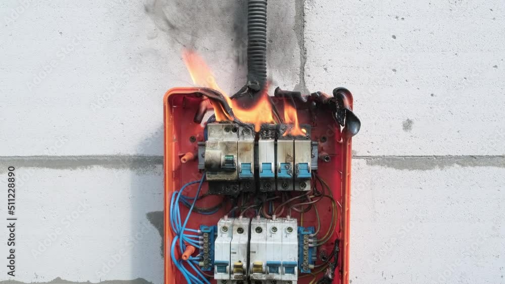 Burning switchboard from overload or short circuit on wall. Circuit ...