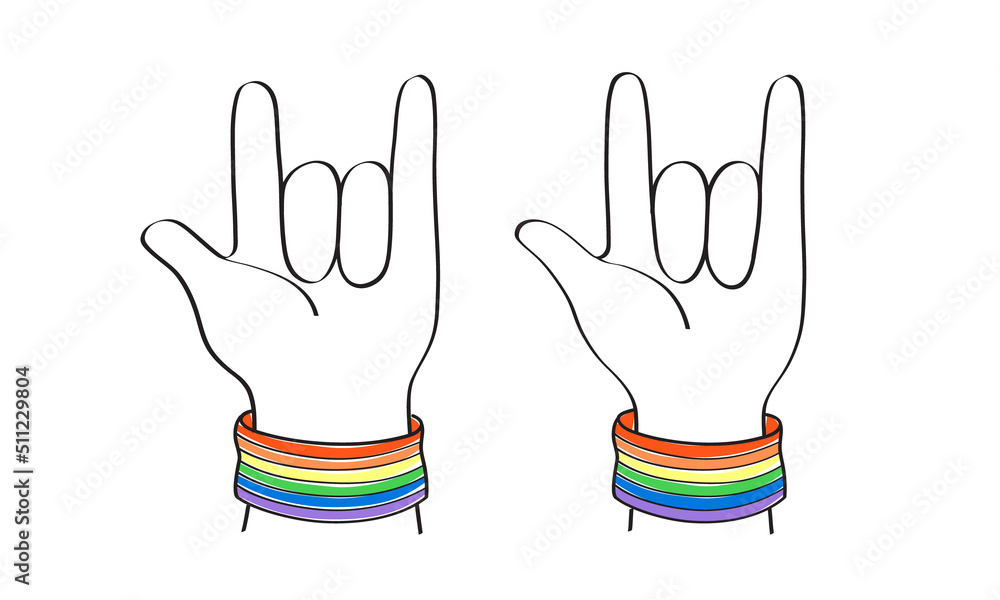 Pride month. LGBTQ+ hands are wearing wristbands showing love symbols ...
