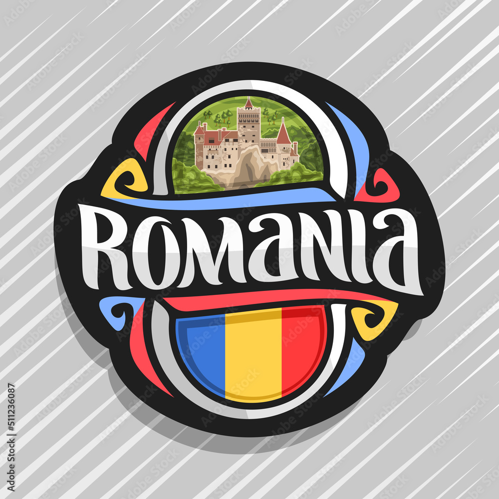 Vector logo for Romania country, fridge magnet with romanian state flag ...