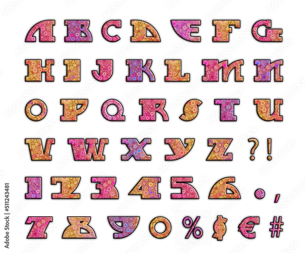 Alphabet made of letters with circles in pink and yellow and a little ...