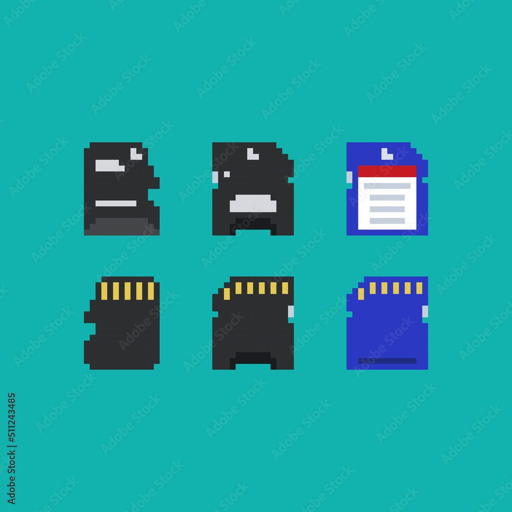 Pixel art memory card vector 8 bit icon set on light blue background ...