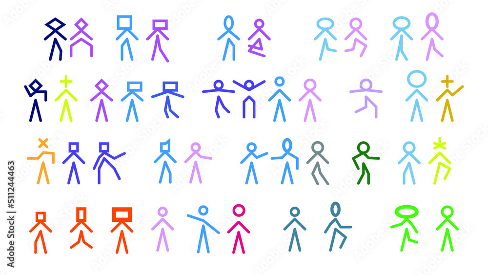 Simple modern stick figure icon vector illustration set on white ...