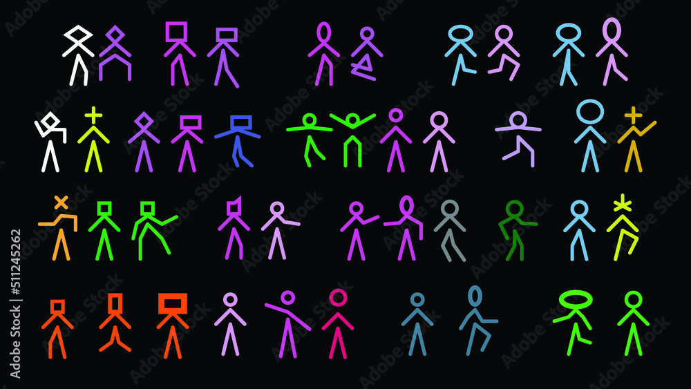 Simple and modern stick man icon vector illustration set on black ...